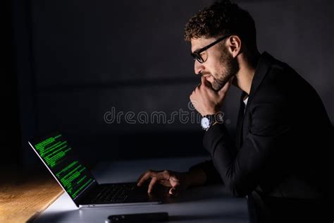 Program Development Concept Young Man Working With Computer In The Night Stock Image Image Of