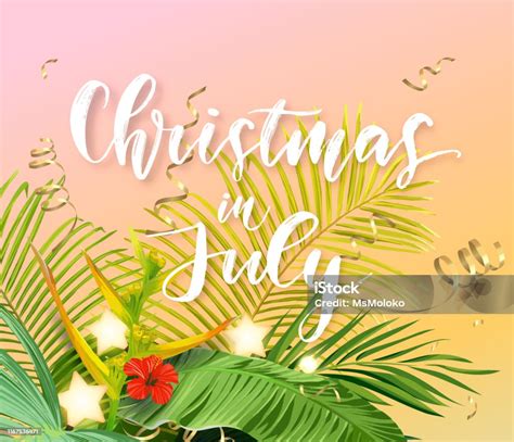 녹색 야자수 잎 열대 꽃 크리스마스 공 장식 전구와 금 빛나는 별 벡터 일러스트와 여름 해변 디자인에 크리스마스 겨울에 대한