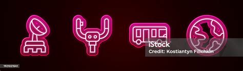 세트 라인 레이더 항공기 조타 장치 공항 버스 및 전세계 빛나는 네온 아이콘입니다 벡터 검색에 대한 스톡 벡터 아트 및 기타