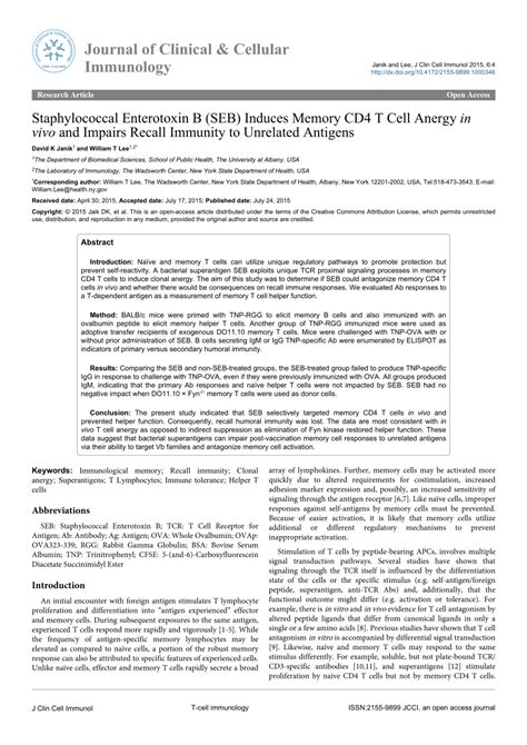 Pdf Staphylococcal Enterotoxin B Seb Induces Memory Cd4 T Cell