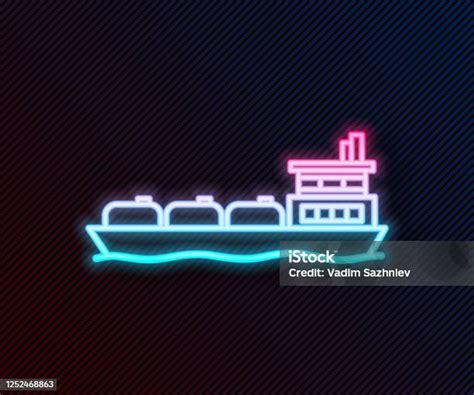 검은 색 배경에 고립 된 빛나는 네온 라인 유조선 선박 아이콘 벡터 일러스트레이션 가솔린에 대한 스톡 벡터 아트 및 기타 이미지 가솔린 기체 물리 구조 나름 Istock