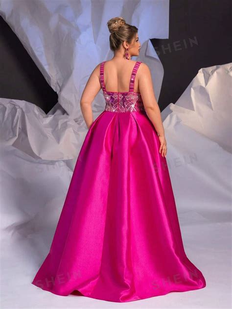 Shein Belle Plus Size Elegant Red Satin Corset Bodice Puffy Ball Gown