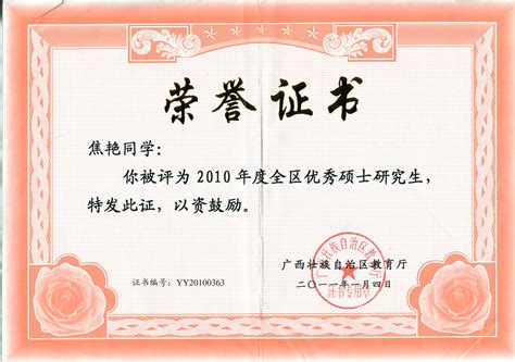 全区三好学生、优秀学生干部、优秀硕士研究生荣誉证书 桂林理工大学马克思主义学院