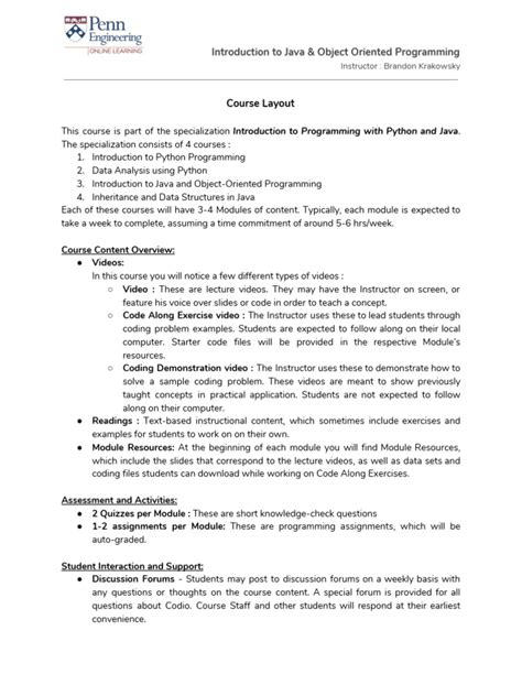 Intro To Java And Oop Course Layout Pdf Modular Programming