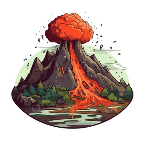 화산 분화 벡터 호수와 나무 만화 밖에서 주황색 폭발이 있는 스티커 클립 아트 화산 상표 클립 아트 Png 일러스트 및 벡터 에 대한 무료 다운로드 Pngtree