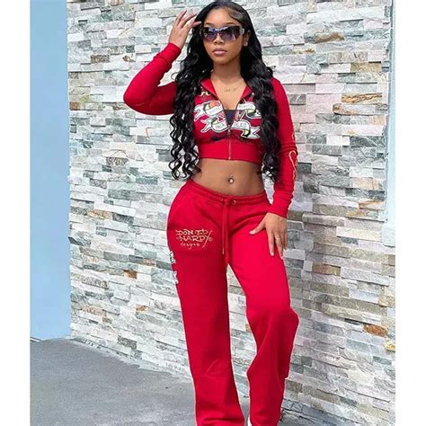 Street Fashion Printed Zipper Up Two Pieces Pant Set Trendy