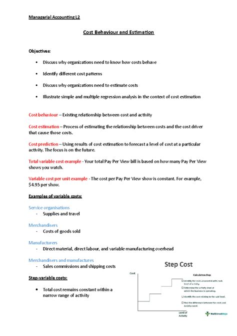 Cost Behaviour And Estimation L Cost Behaviour And Estimation