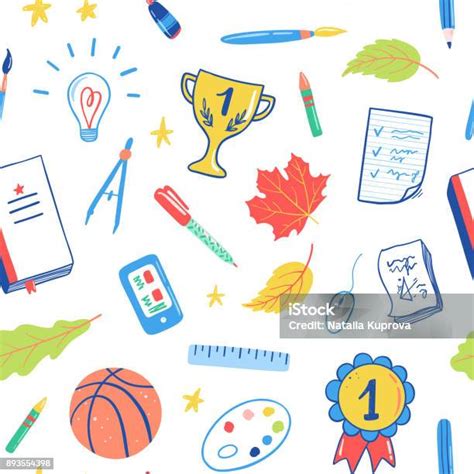 돌아가기 학교 원활한 패턴입니다 학교 농구 볼 컵 램프 아이디어 책 단풍 전화 벡터 학교 교사 일 한다면 아이콘 그림입니다 가을에 대한 스톡 벡터 아트 및 기타 이미지