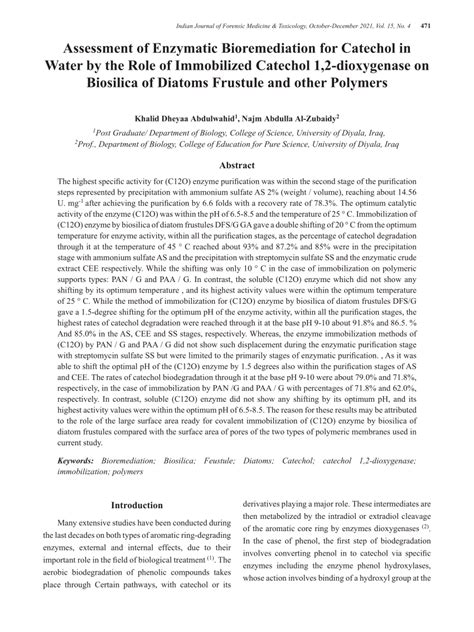Pdf Assessment Of Enzymatic Bioremediation For Catechol In Water By The Role Of Immobilized