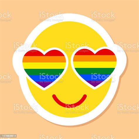 Lgbtq 이벤트 디자인을 위한 눈 대신 무지개 하트가 있는 프라이드의 달 이모티콘 웃는 얼굴 간단한 벡터 스티커 Lgbt 프라이드의 달에 대한 스톡 벡터 아트 및 기타