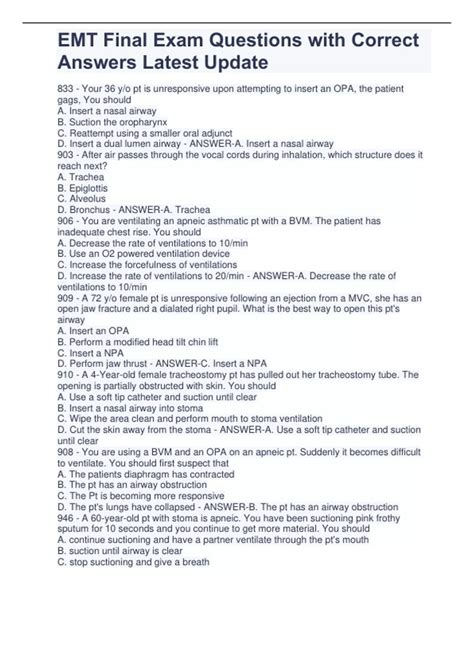 Emt Final Exam Questions With Correct Answers Latest Update Emt Stuvia Us