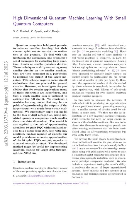 Pdf High Dimensional Quantum Machine Learning With Small Quantum Computers