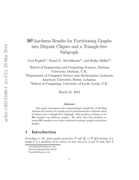Pdf Np Hardness Results For Partitioning Graphs Into Disjoint Cliques And A Triangle Free Subgraph