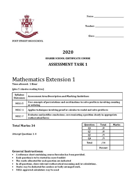 2020 Hsc Yr 12 Mathematics Ext 1 Assessment Task 1 Final Name