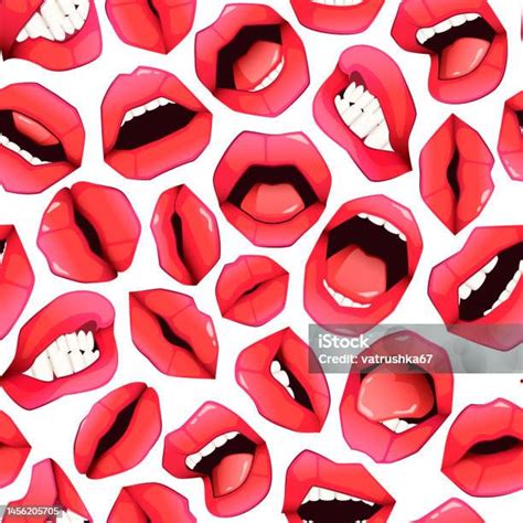 붉은 입술 무늬 혀와 이빨을 가진 만화 여자 푹신한 입 관능적인 소녀 미소 배경의 매끄러운 인쇄는 종이 직물을 포장합니다 벡터 텍스처 만화에 대한 스톡 벡터 아트 및 기타