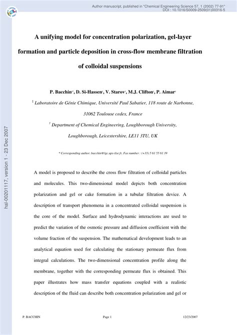 Pdf A Unifying Model For Concentration Polarization Gel Layer