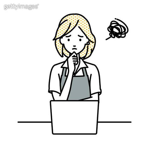 A Woman In Cafe Apron Using Laptop Computer Having Trouble With Her