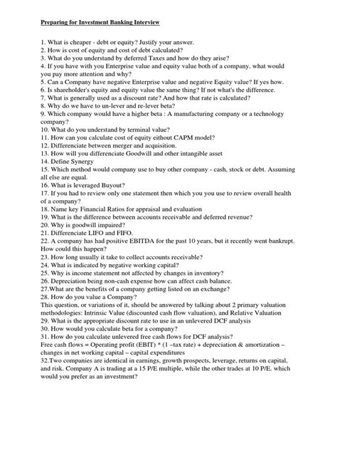 Investment Banking Interview Questions Pdf Valuation Finance Discounted Cash Flow