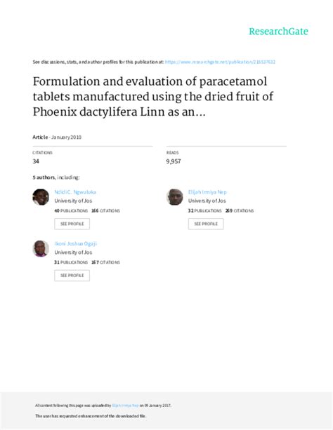 Pdf Formulation And Evaluation Of Paracetamol Tablets Manufactured Using The Dried Fruit Of