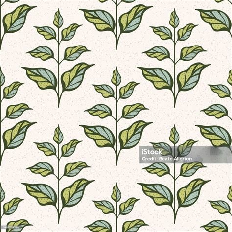 줄기에 양식화된 모양 잎은 매끄러운 벡터 패턴 배경입니다 그린 크림 화이트 빈티지 점 질감의 배경에 기하학적 단풍을 오프셋합니다 다마스크 스타일 레이아웃 식물 개념에 대한