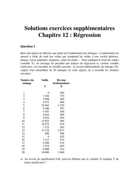 Analyse De Régression Linéaire Simple Exercices Et Solutions Assignments Statistics Docsity