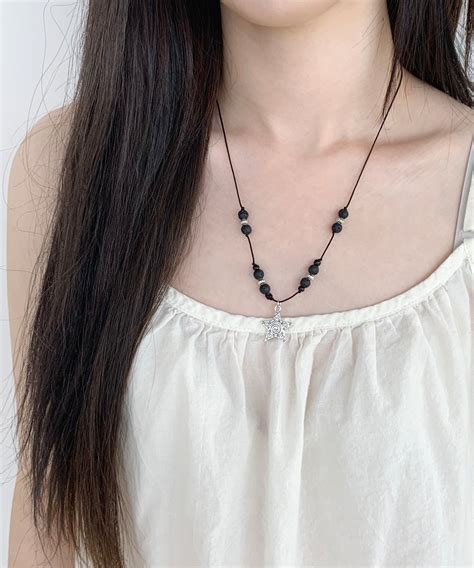 퍼피띵 빈티지 스타 원석 화산석 매듭 롱 스트랩 끈 스타 별 데일리 목걸이 No125