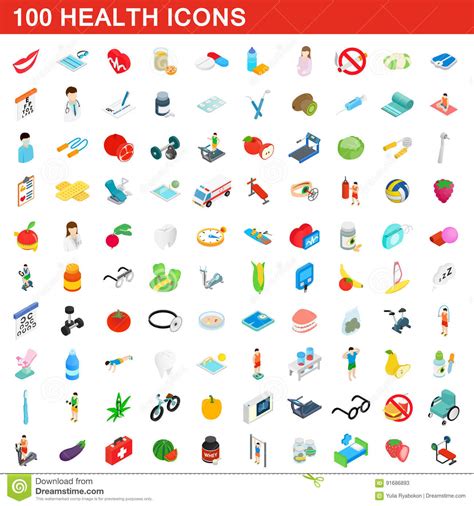 100 Health Icons Set Isometric 3d Style Stock Vector Illustration Of Glasses Emergency 91686893
