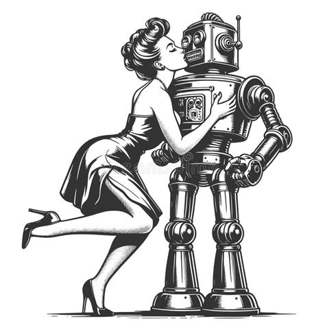 Retro Woman Kissing Vintage Robot Sketch Raster Stock Illustration