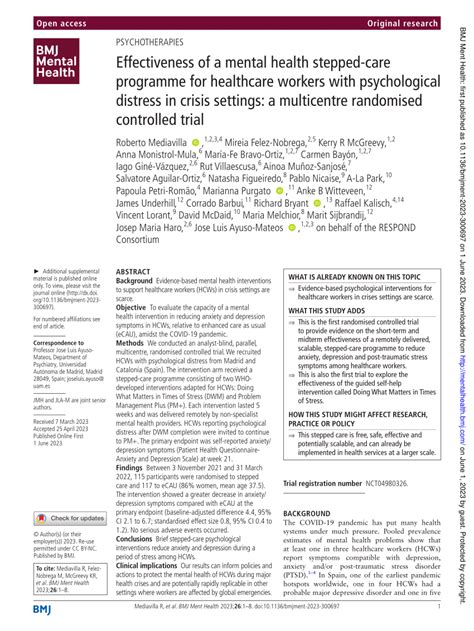 Pdf Effectiveness Of A Mental Health Stepped Care Programme For Healthcare Workers With