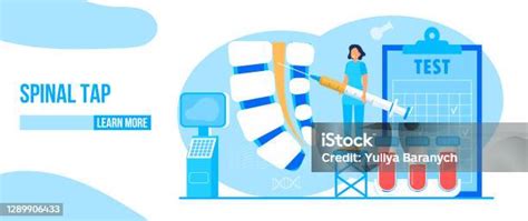 척추 탭 환자 개념 벡터의 생검 척추에 뇌척수액을 복용 종양 전문의 요추 천자 과정 종양학의 작은 닥터는 환자를 취급하고 암을 싸우십시오 액체에 대한 스톡 벡터 아트 및