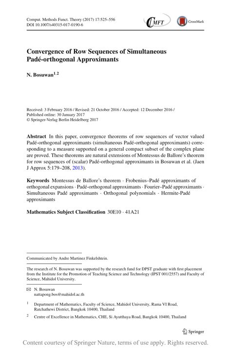 Convergence Of Row Sequences Of Simultaneous Padé Orthogonal Approximants Request Pdf