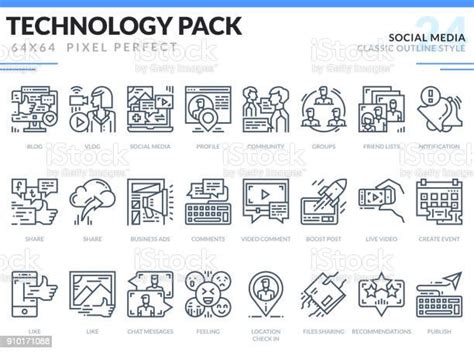 소셜 미디어 아이콘을 설정합니다 기술 개요 아이콘 팩입니다 웹 디자인 및 웹 사이트 응용 프로그램에 대 한 픽셀 완벽 한 얇은 선 벡터 아이콘 소셜 미디어 아이콘에 대한