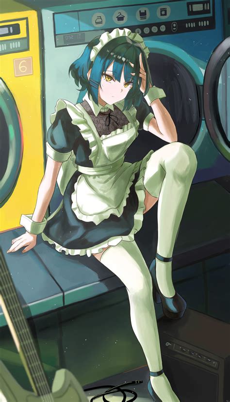 Safebooru 1girl Absurdres Alternate Costume Amplifier Apron Blue Hair Bocchi The Rock Dress
