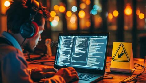 Cybersecurity Analyst Working Late At Night On A Laptop Stock