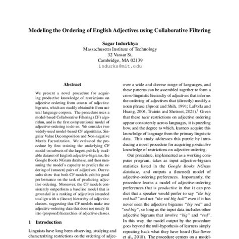 Modeling The Ordering Of English Adjectives Using Collaborative Filtering Acl Anthology