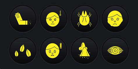 참깨 얼굴에 염증 피로 콧물 기생충 진드기 높은 인체 온도 붉은 눈 알레르기 결막염 및 흡입기 아이콘을 설정하십시오 벡터 가공의 인물에 대한 스톡 벡터 아트 및 기타 이미지