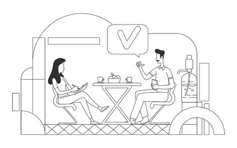 셀프 프리젠 테이션 기술 얇은 선 벡터 일러스트레이션 Hr 관리자와 자신감 있는 후보는 흰색 배경에 문자를 간략하게 설명합니다