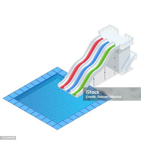 아이소메트릭 다채로운 워터 슬라이드 수영장 Aquapark 장비 디자인에 대 한 설정 수영장과 물 슬라이드 흰색 배경에서 분리 하는 벡터 일러스트 레이 션 0명에 대한 스톡