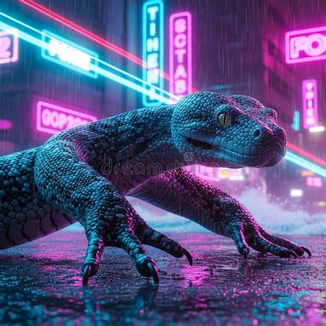 Blue Reptile Walking In Futuristic Neon City At Night Stock Illustration Illustration Of Glow