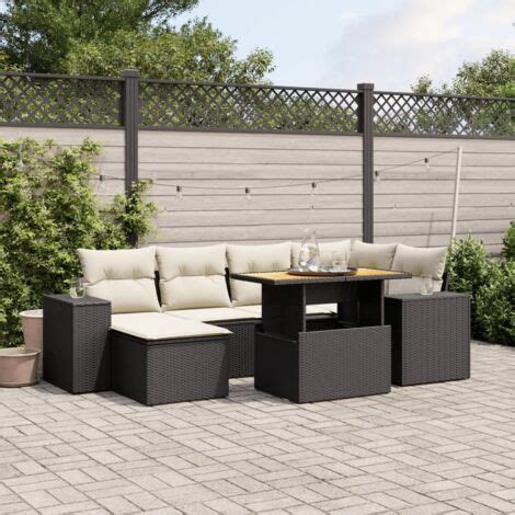 7 Piece Garden Sofa Set With Cushions Black Poly Rattan Vidaxl