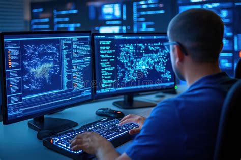 Cybersecurity Engineer Analyzing Global Threat Map And Code On Multiple Screens In A High Tech