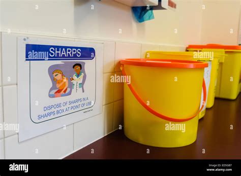 Warning Beside A Sharps Box To Dispose Of Sharps Used Needles Etc In A Sharps Box At The