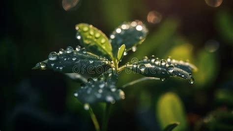 Macro Of Young Plant With Drops Of Water In Sunlight Illustration