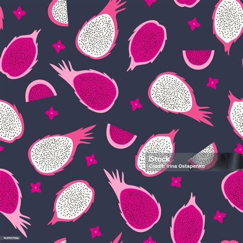 어두운 배경에 드래곤 과일과 이국적인 과일 원활한 패턴 손으로 그린 여름 열대 과일 질감 벡터 과일 일러스트레이션 섬유 의류 침대 린넨 사무용품 0명에 대한 스톡 벡터 아트