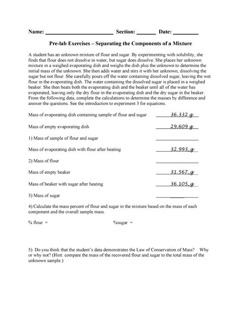 Experiment Pre Laboratory Assignment Name Section Date Pre Lab Exercises Separating The