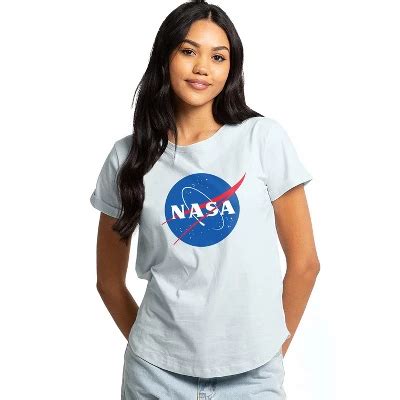 Womens Nasa Meatball Logo Rolled Sleeve Fashion T Shirt Sky Blue