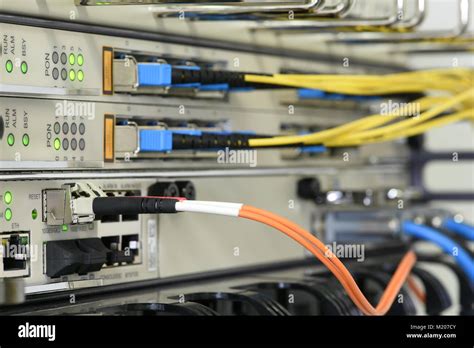 Optical Network Cables And Devices In Technology Data Center Stock
