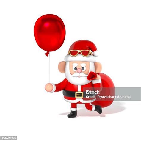 산타 클로스 3d 만화 캐릭터는 거대한 빨간 가방을 들고 흰색 배경 3d 렌더링에 빨간색 풍선을 들고 있습니다 3d 일러스트 레이 션 축하 크리스마스와 귀여운 새해 축제