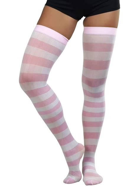 Thigh High Socks Pink And White White And Pink Striped Tights Pink