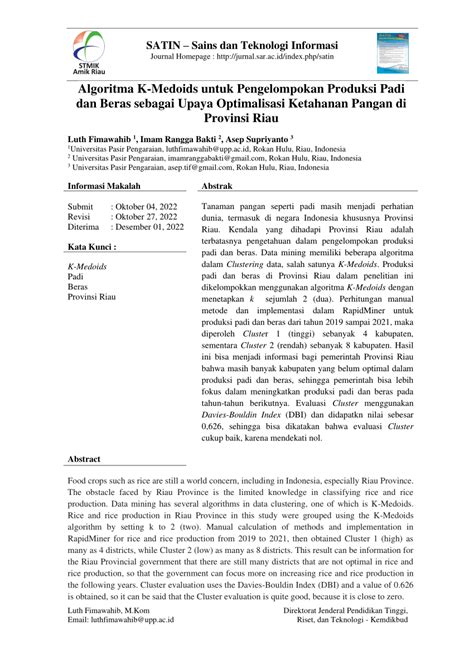 Pdf Algoritma K Medoids Untuk Pengelompokan Produksi Padi Dan Beras Sebagai Upaya Optimalisasi